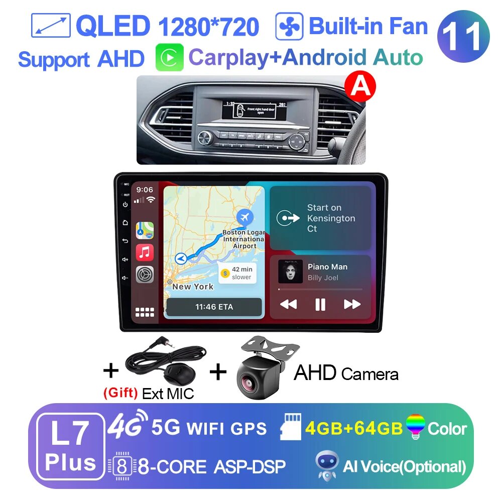 Автомагнитола Android 11, 1280x720, Carplay, Android Auto, 4G, 64GB, AHD камера, Ext