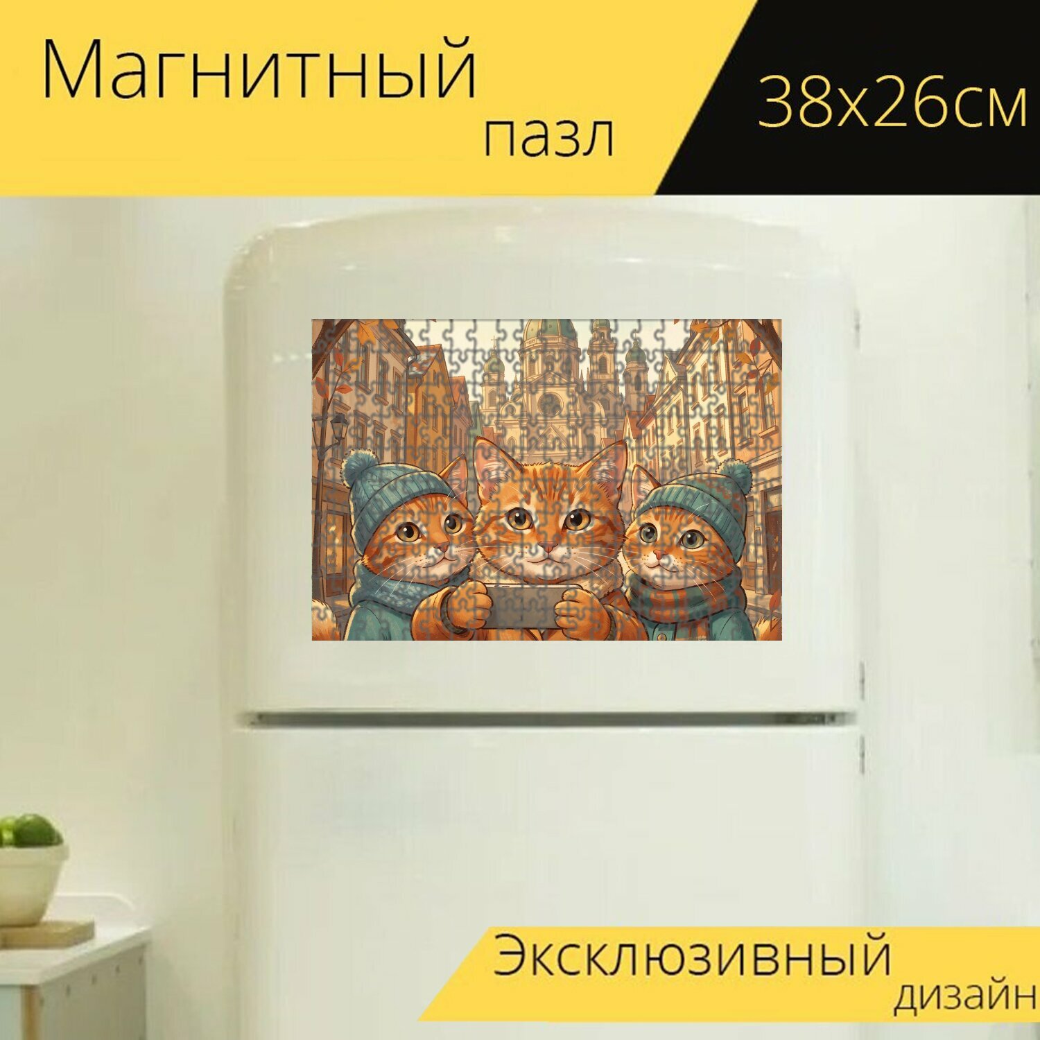 Магнитный пазл "Три кота на осенней улице. Трое рыжих питомцев в шапках и шарфах делают селфи в городском переулке на фоне величественного собора и." для интерьера, 38х26 см.