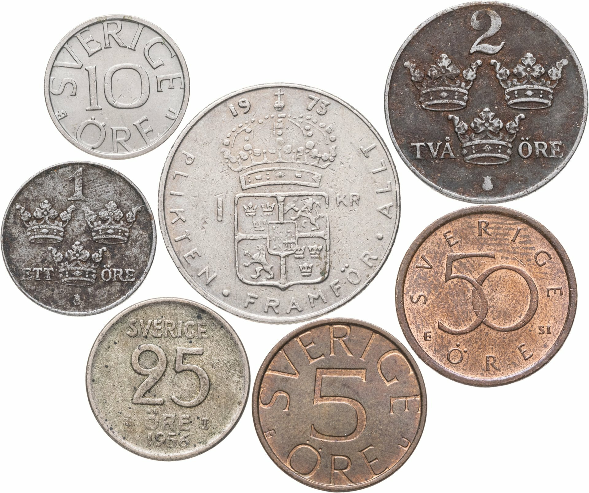 Швеция набор из 7 монет 1, 2, 5, 10, 25, 50 эре ore , 1 крона 1943-2007, Различные сплавы, в сохранности F-AU