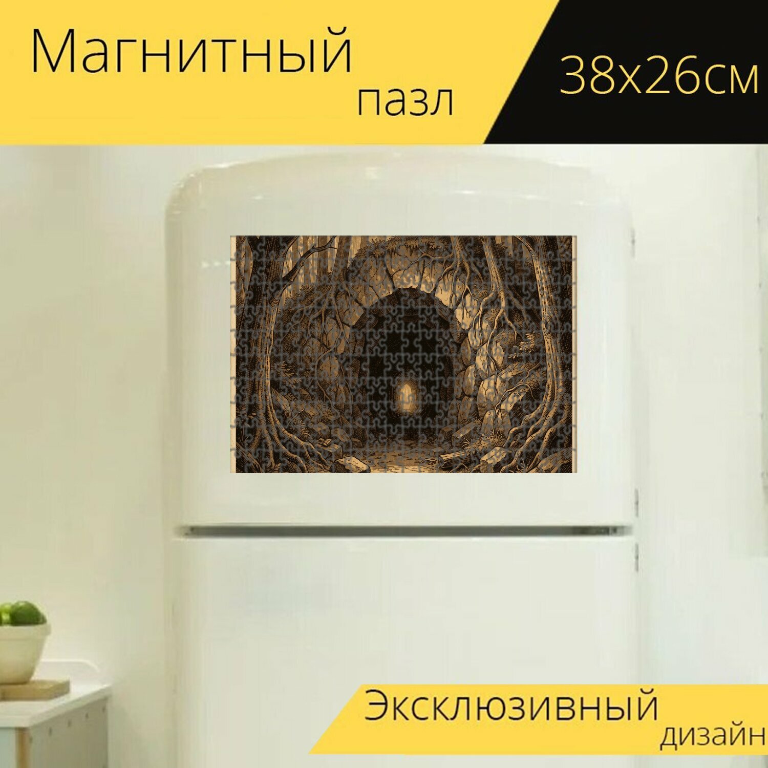 Магнитный пазл "Таинственный лесной тоннель в скалах. Мистический коридор среди древних деревьев, переплетённых корней и каменных глыб, с тёплым светом." для интерьера, 38х26 см.