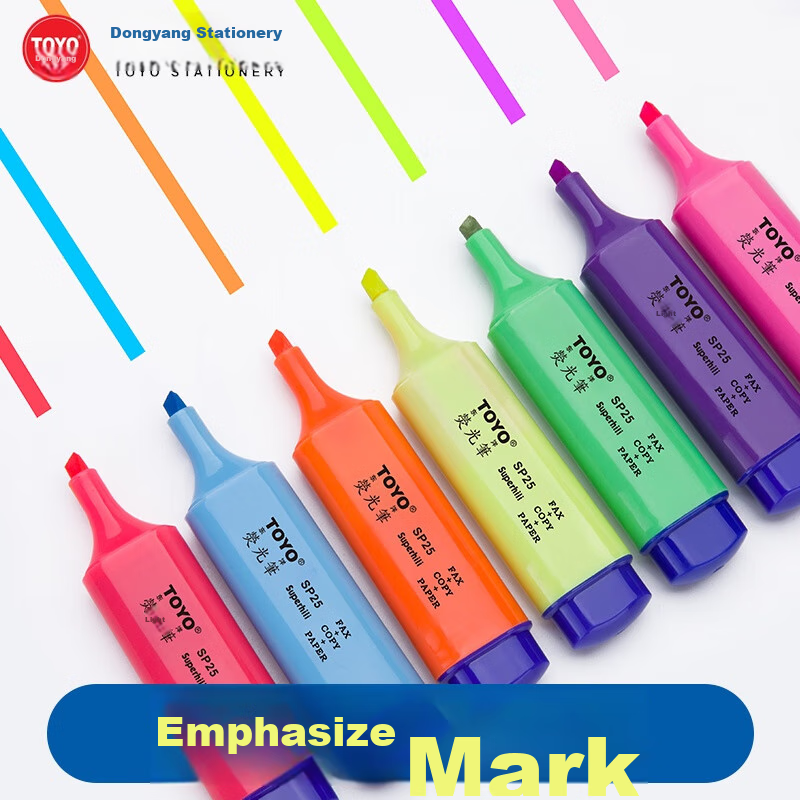 TOYO SP25 Unscented Yellow, Blue, Green, Red, Orange, Purple, Pink Diagonal Tip Large Capacity Student Eye-Protecting Stylish Fluorescent Pen Marking Quick-Drying Set 10 Pens/box/single Tip Yellow