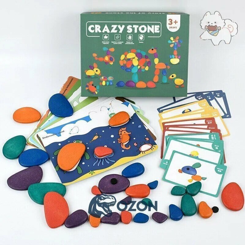 Детская развивающая игра с камнями и карточками "Crazy Stone" / цветные / радужные камни
