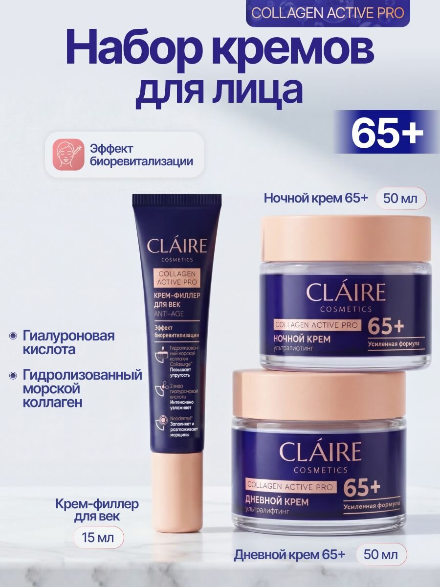 Набор косметики для лица: дневной крем для лица и ночной 65+, крем-филлер для век Collagen Active Pro, Claire Cosmetics