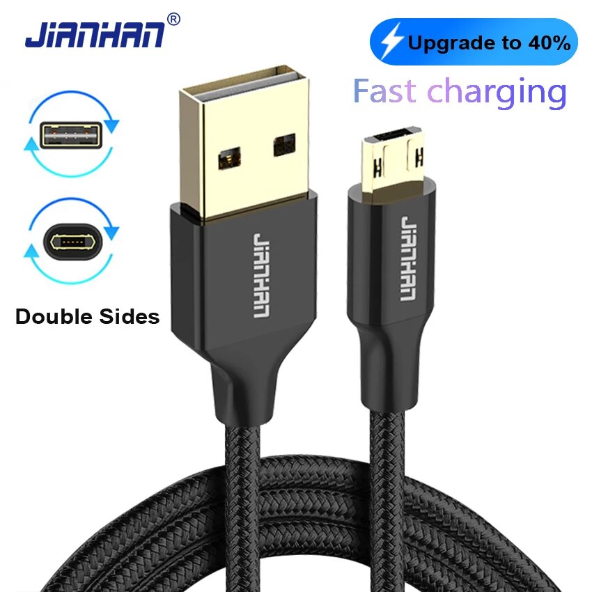 Красный кабель Micro USB 2м, двусторонний, оплетка