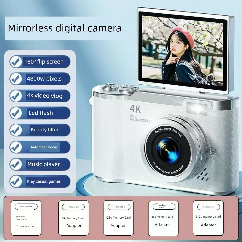 Цифровая камера C7 с поворотным экраном 180°, фильтром красоты, записью 4K и картой памяти 128 ГБ, белый