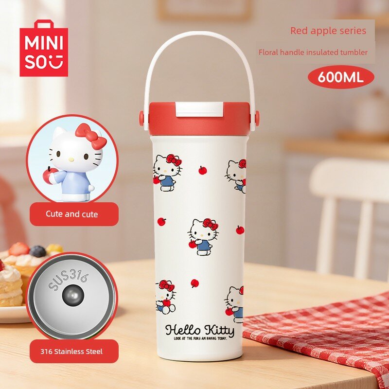 Термос-бутылка MINISO Hello Kitty Red Apple Series с соломинкой, милая мультяшная, портативная Термос с цветочной