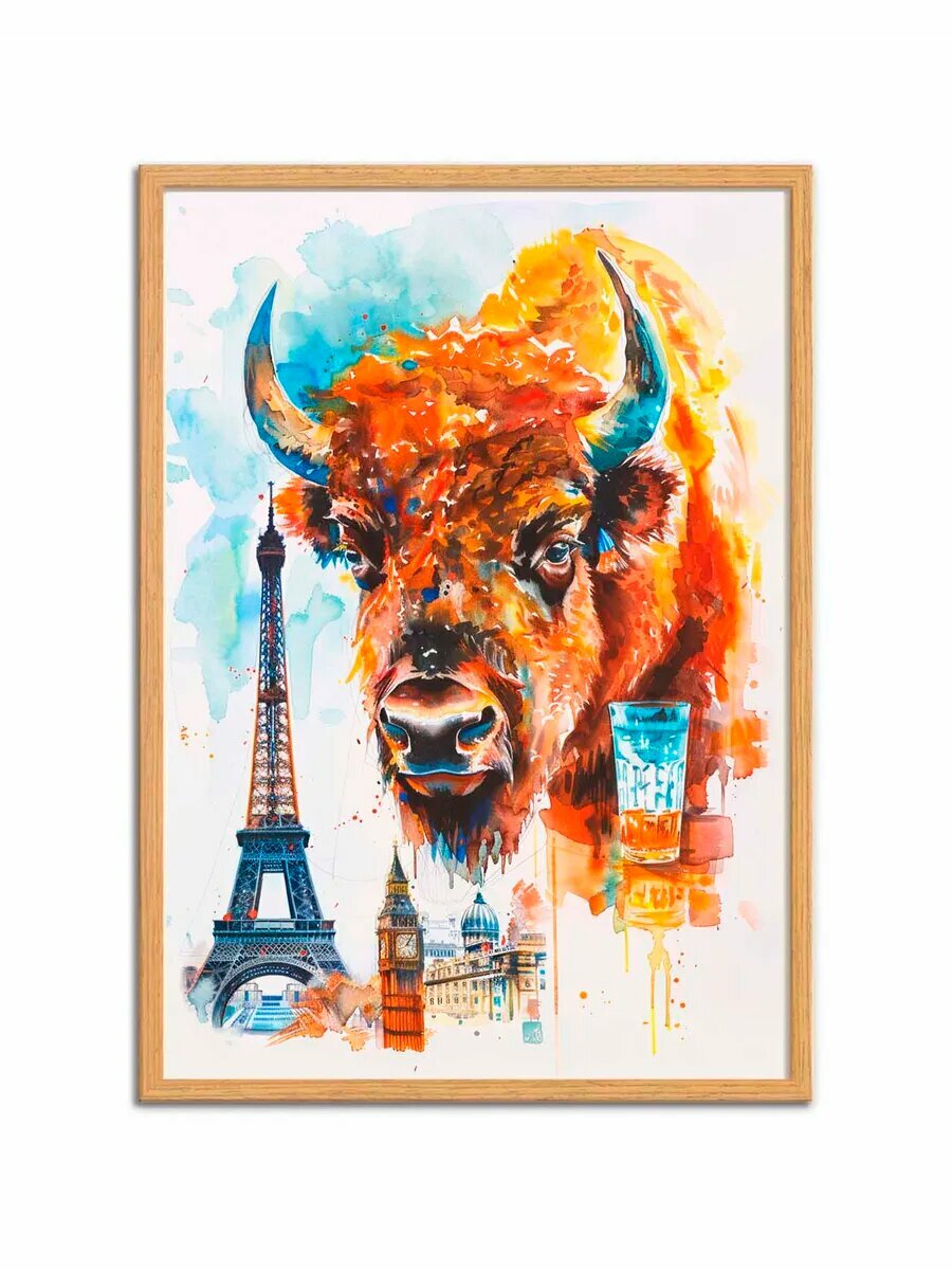 Животное-бизон пьет виски 1, Плакат 30x42см