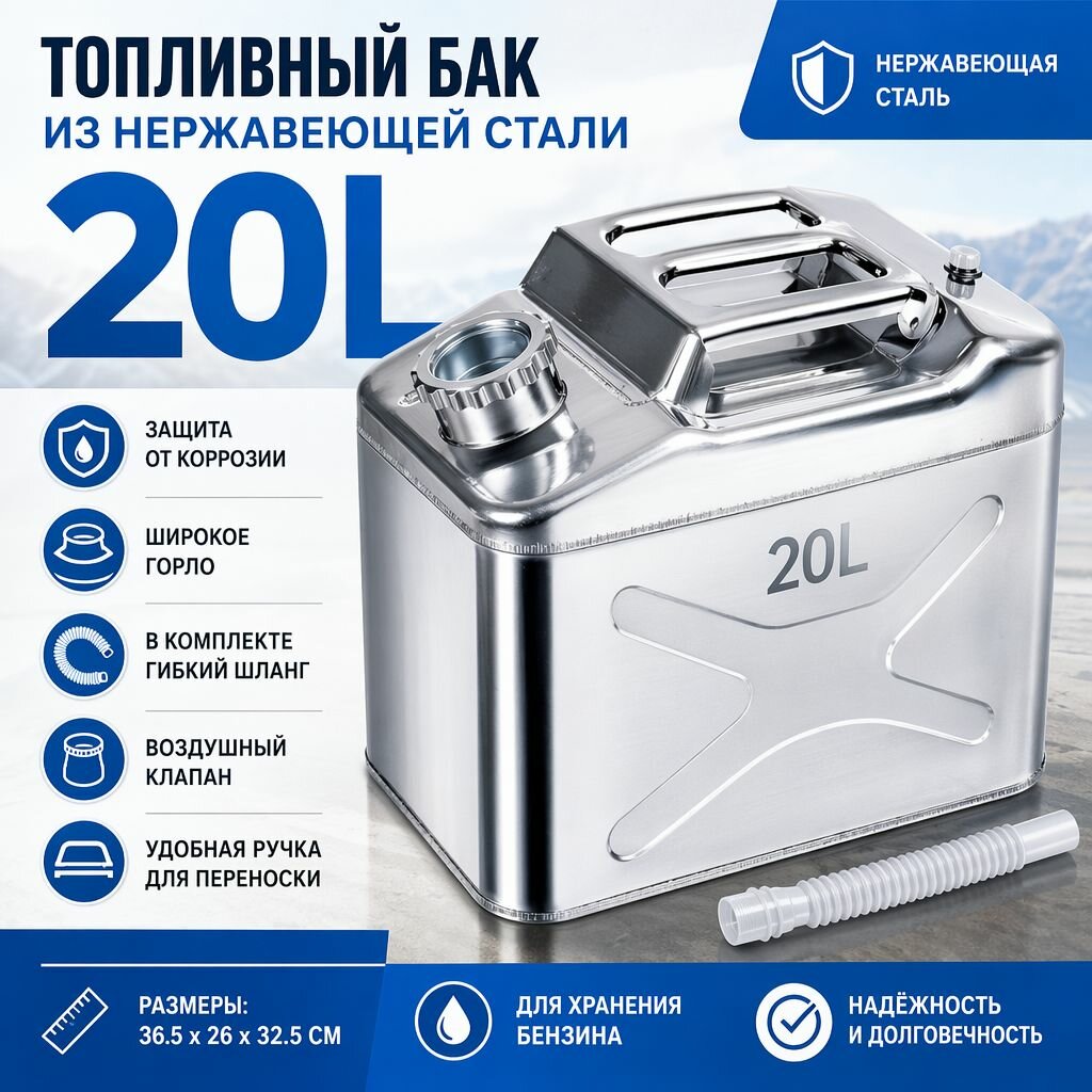 Канистра 20 л нержавейка 201, антикоррозийный бак для бензина, усиленная металлическая ёмкость для ГСМ,