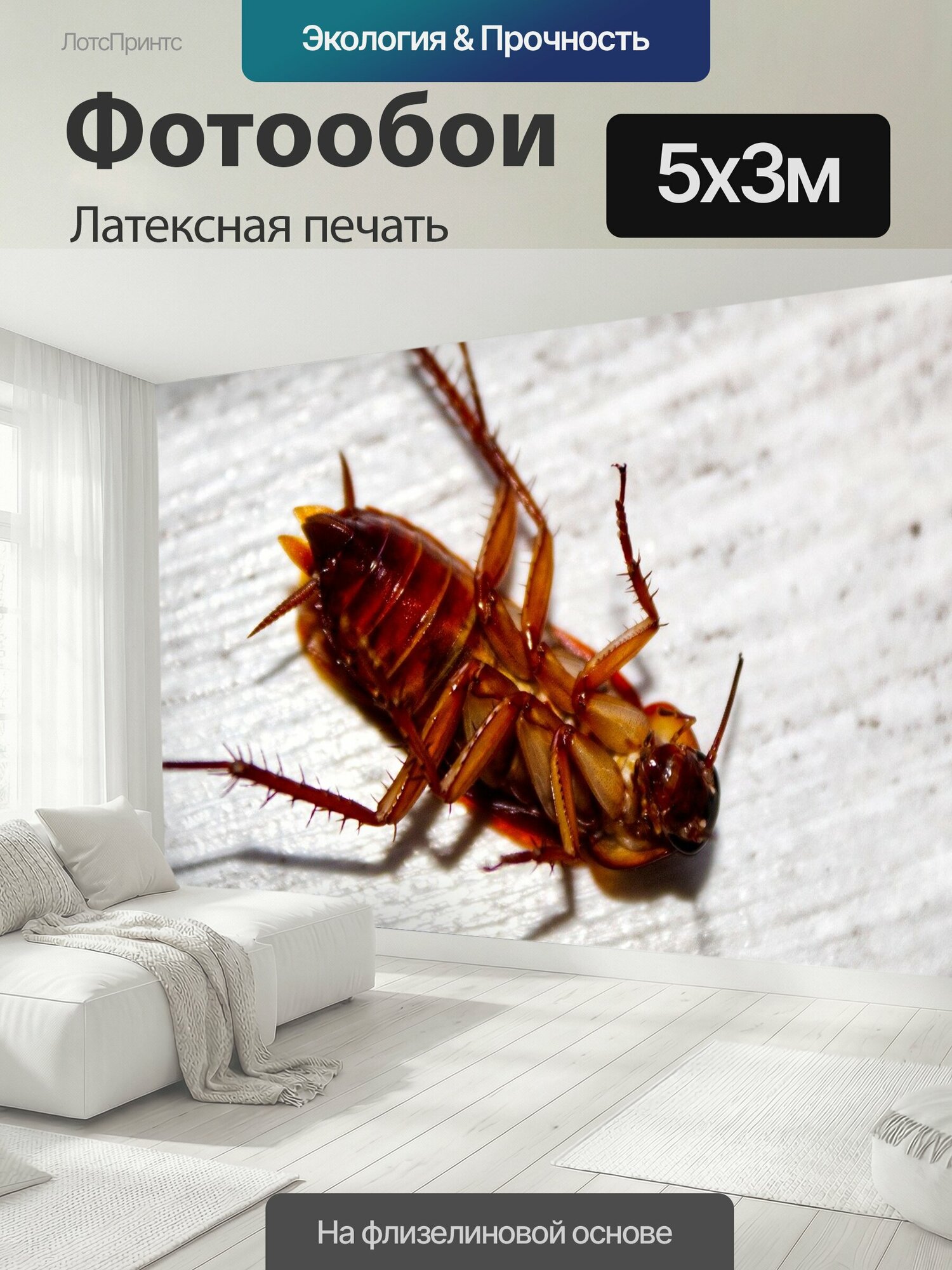 Фотообои моющиеся ударопрочные "Таракан, жук, насекомое" 500x300 см. латексная печать