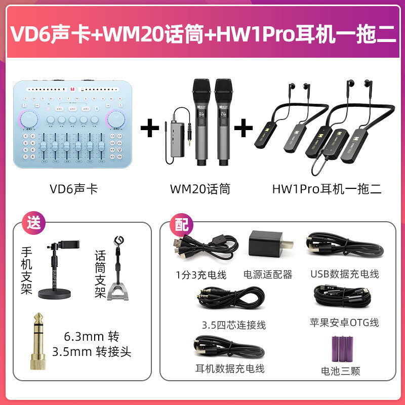 VD6 Стандартная версия USB аудиоинтерфейс с микрофоном WM20 и беспроводным комплектом HW1Pro один-на-два, OTG 48В,