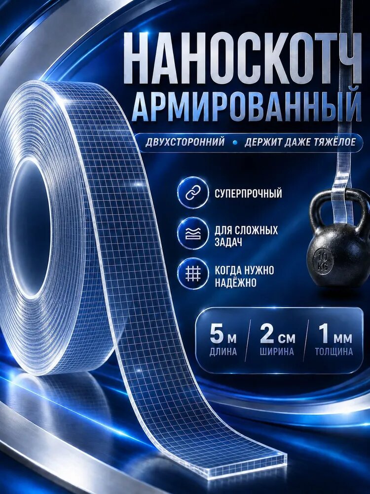 Скотч армированный прозрачный, двухсторонний крепкий нано скотч, 1мм-2см-5м