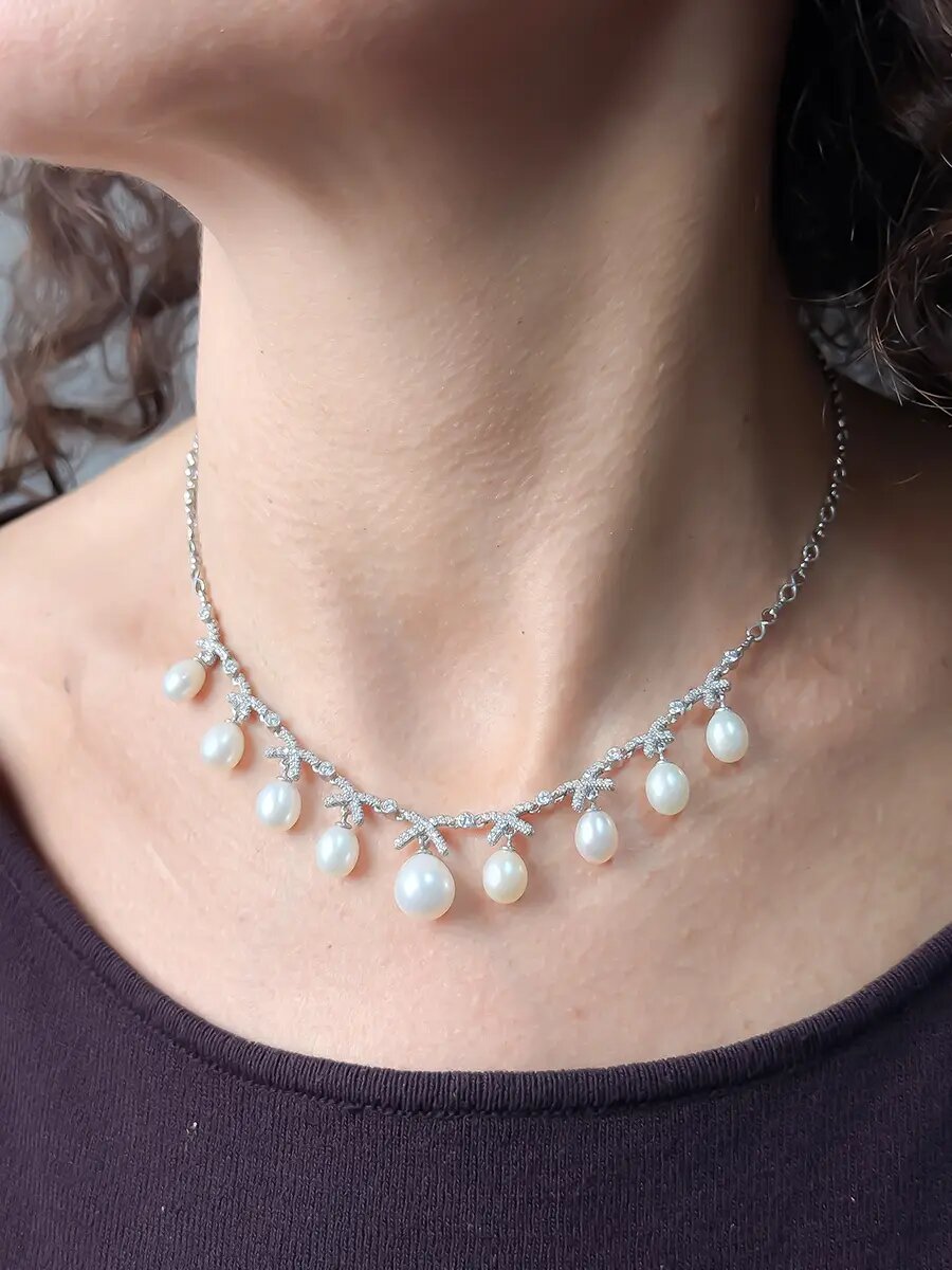 Колье, серебро, 925 проба, родирование, жемчуг, фианит