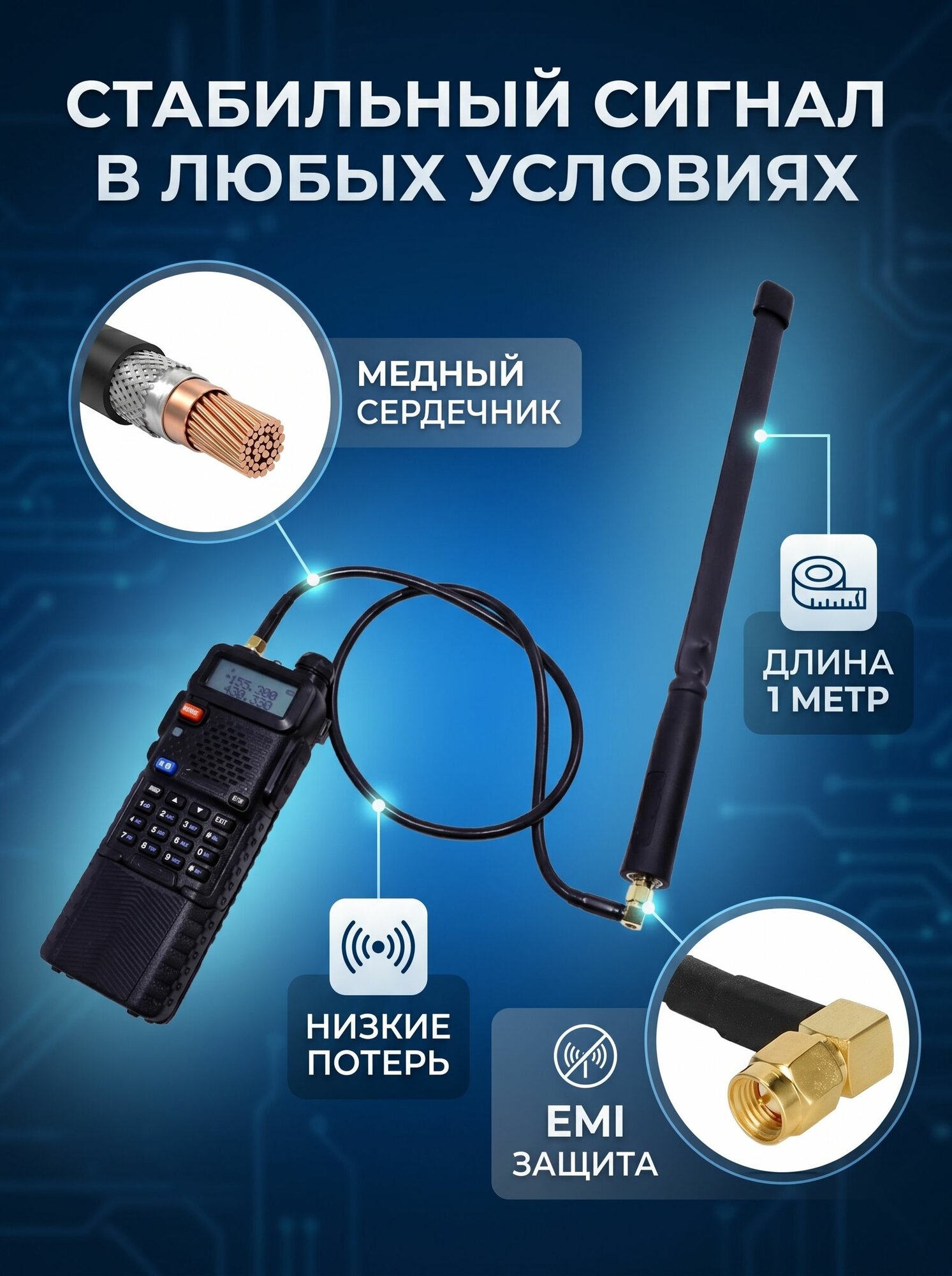 Тактический антенный кабель 1 м, SMA-папа SMA-мама, для раций Baofeng UV-5R, UV-82, UV-9R, медный удлинитель антенны для портативных радиостанций кабель-переходник