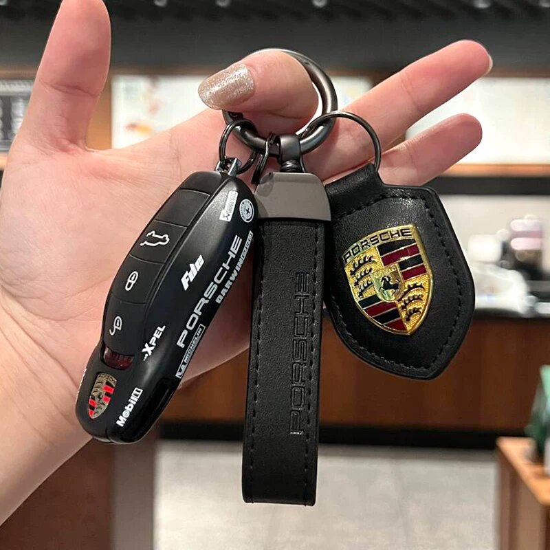 Кейс для ключа Порше черный пик для Макан Кайен 718 Панамера 911/992, одиночный с черной кожаной пряжкой и щитом