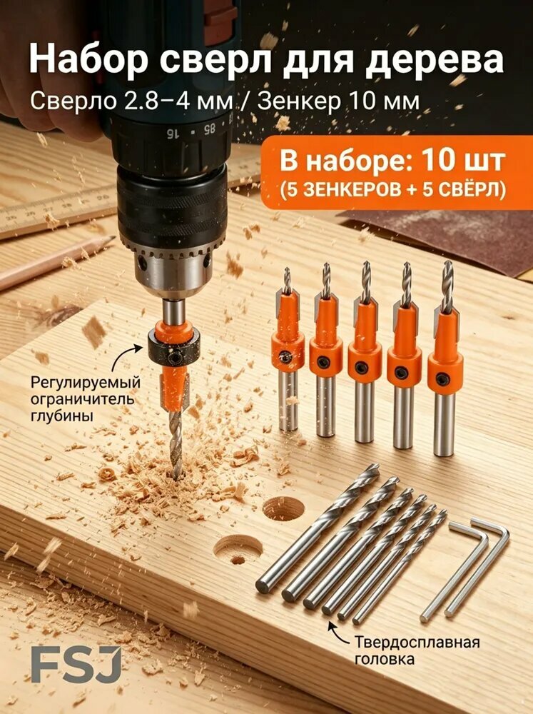 Сверло-зенкер по дереву, для утопления саморезов, с зенковкой, для шуруповерта, столярных работ.