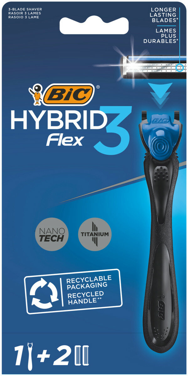 Бритва мужская BIC Flex 3 Hybrid 3 лезвия плавающая головка, 1 ручка и 2 сменные кассеты, (1 шт)