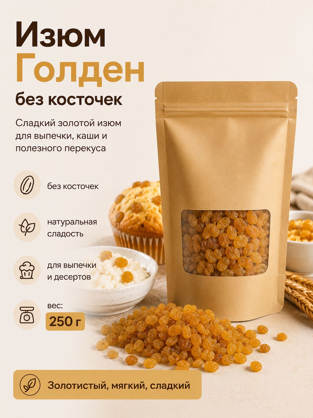 Изюм голден без косточки золотой 250гр, виноград сушеный