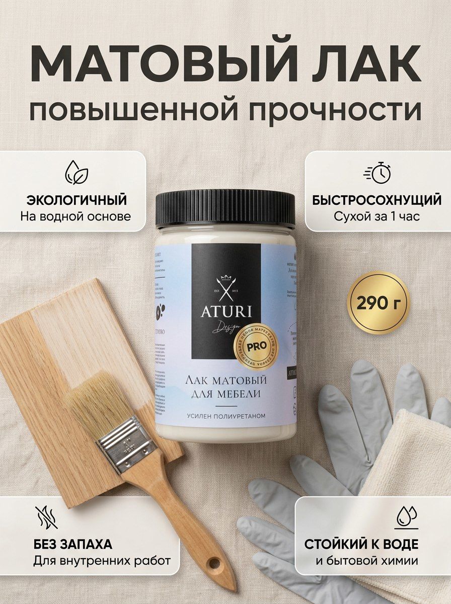 Полиуретановый Лак для мебели матовый Aturi Design PRO, 290 г без запаха