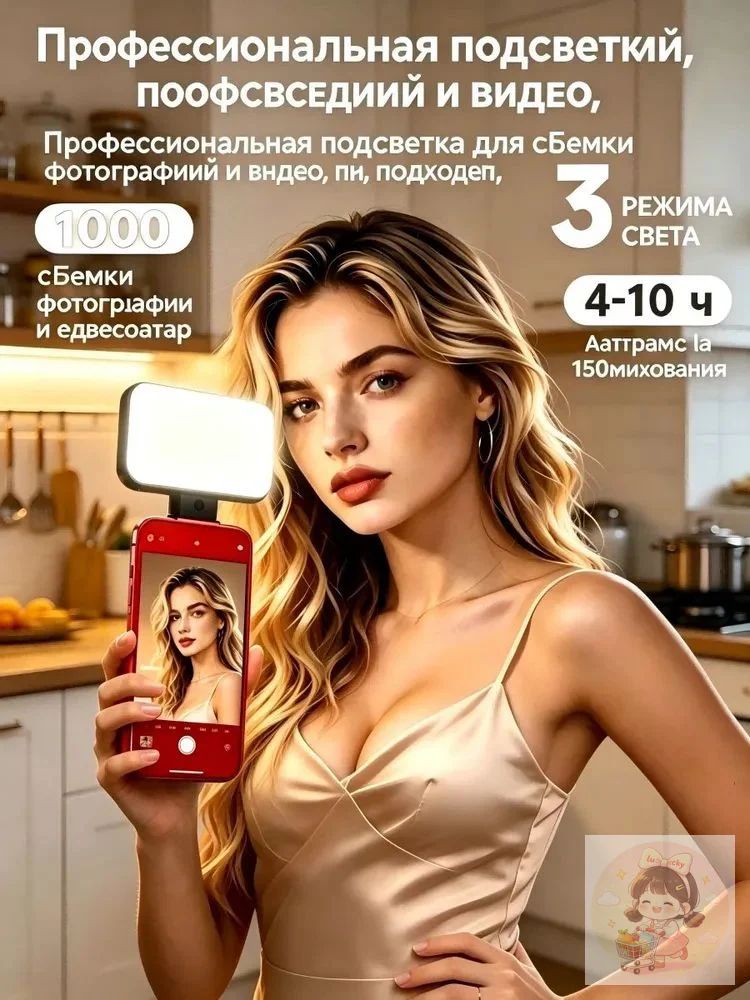 Портативная LED лампа-подсветка с зажимом для телефона, регулируемая яркость, для селфи, фото и видеосъемки