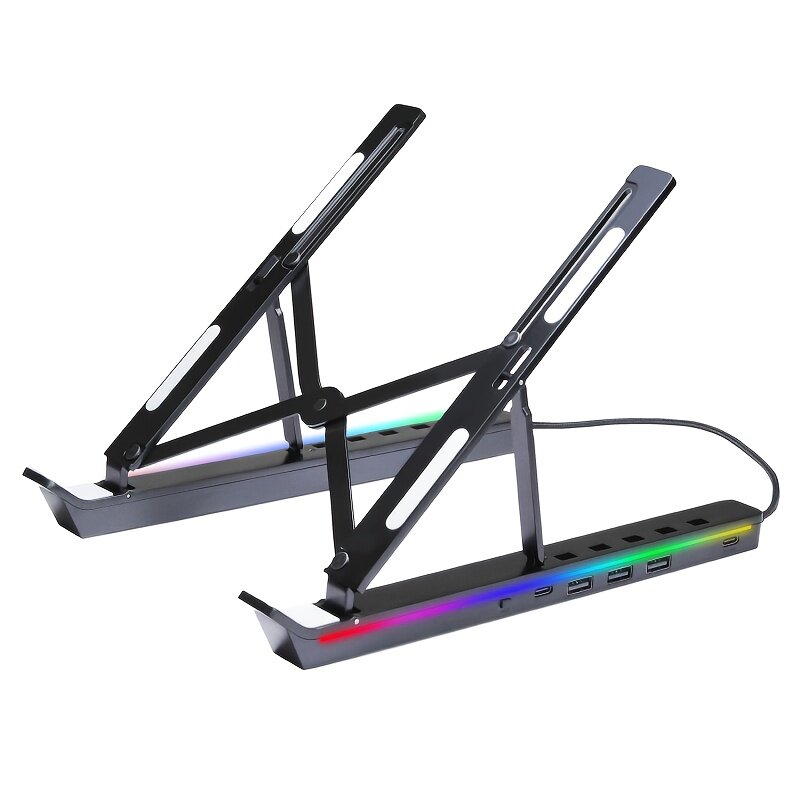 Подставка для ноутбука с док-станцией, 4 в 1 (1x USB-C, 3x USB-A), RGB, складная портативная охлаждающая подставка, регулируемая для ноутбуков и планшетов 12–18 дюймов, черный