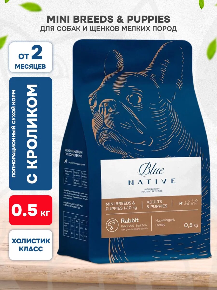 Корм сухой Blue Native Holistic Mini Breeds & Puppies Rabbit для щенков и собак мелких пород, кролик, 500 г