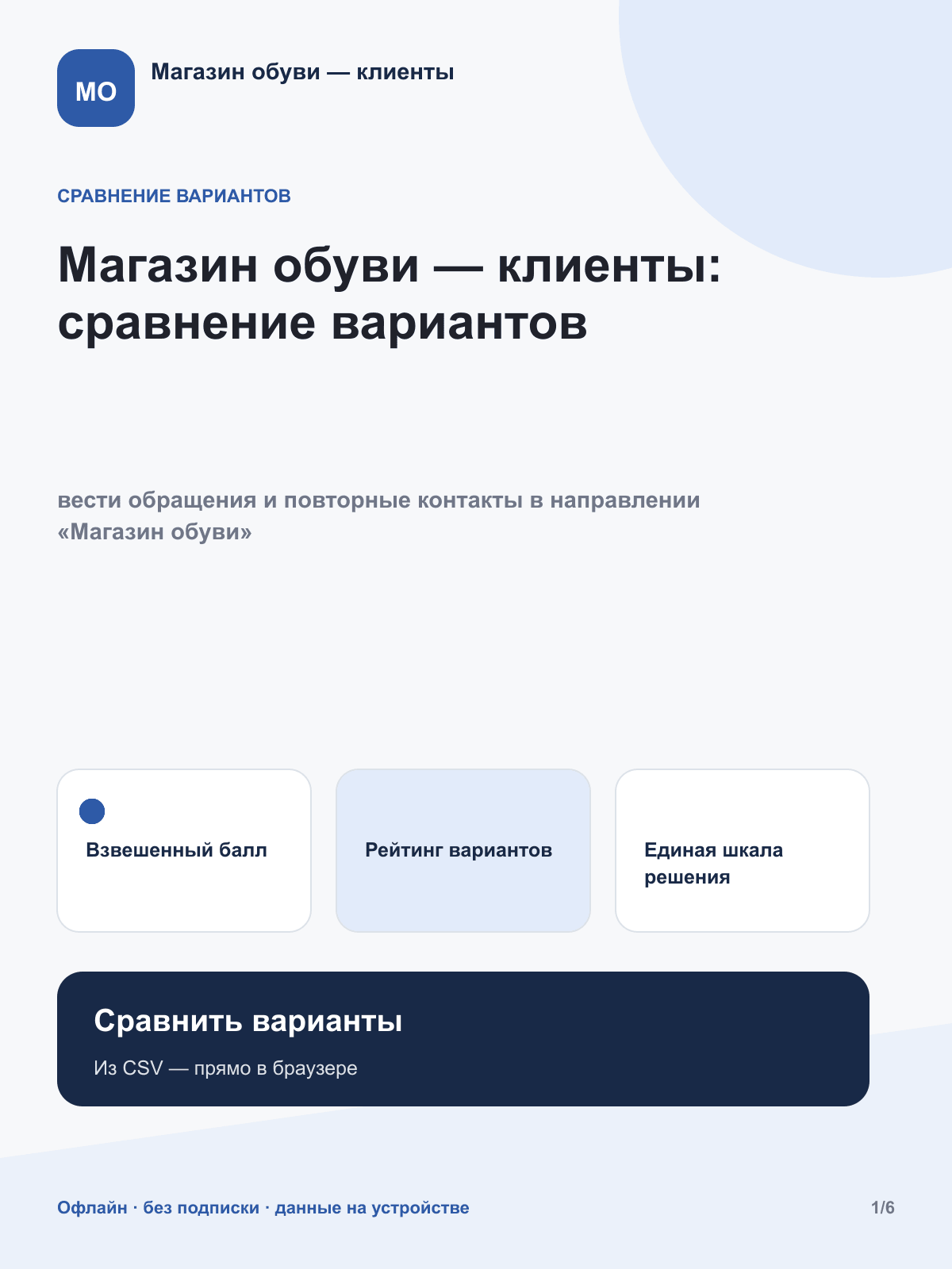 Магазин обуви — клиенты: сравнение вариантов