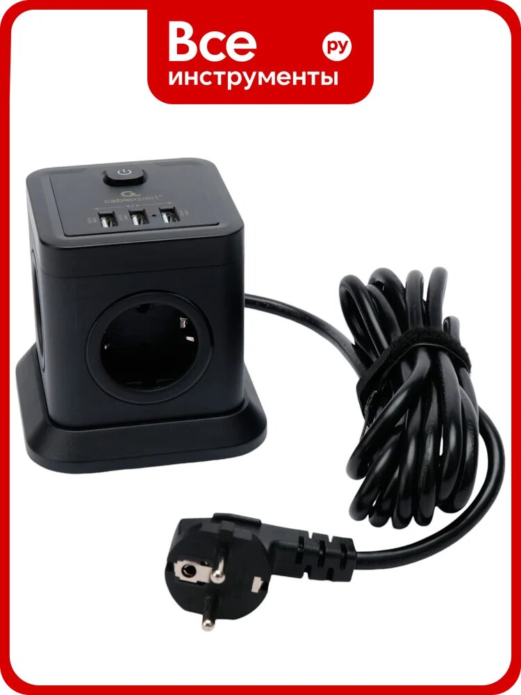 Сетевой фильтр Cablexpert Tower 4р, 10А, 3xUSB, 3.1А, 3м, ур. защиты 2+, черный, коробка, TWR-4-U3-B-3