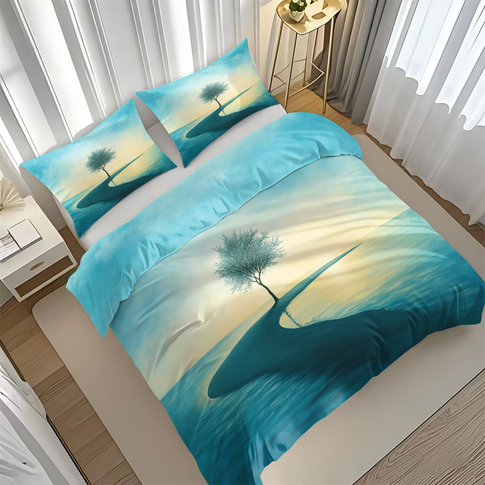 Постельное белье 2-спальное, евро простынь 200x220cm,2 наволочки 70х70, Природная Океанская полисатин спальный комплект