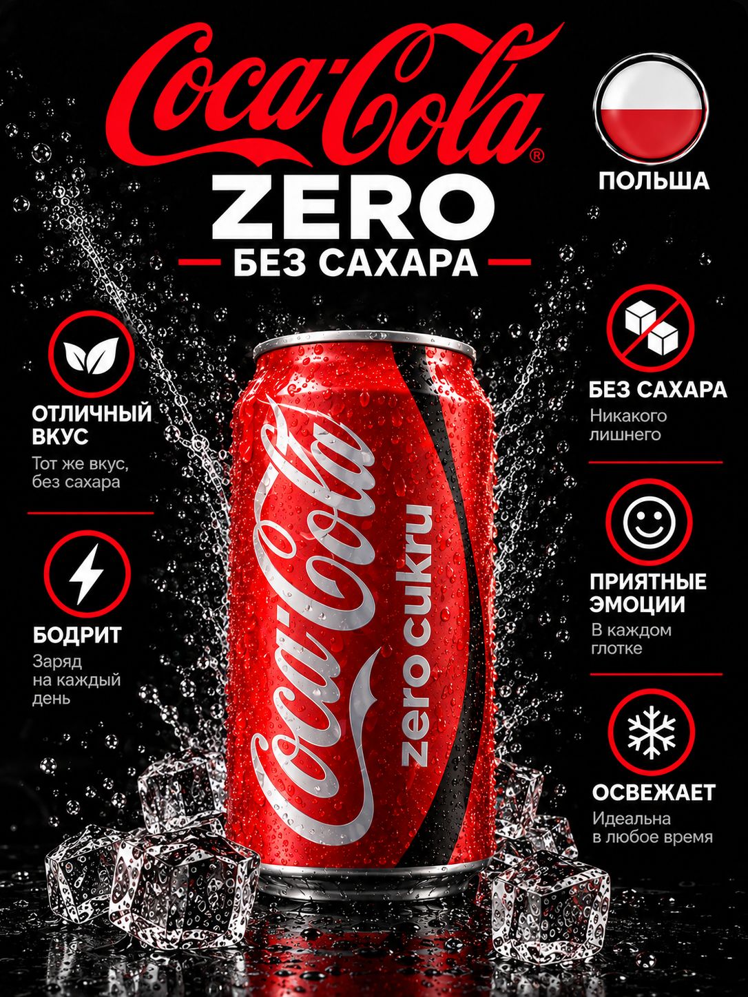 Газированный напиток Кока кола без сахара (Coca Cola Zero), Польша, 330 мл x 24 шт
