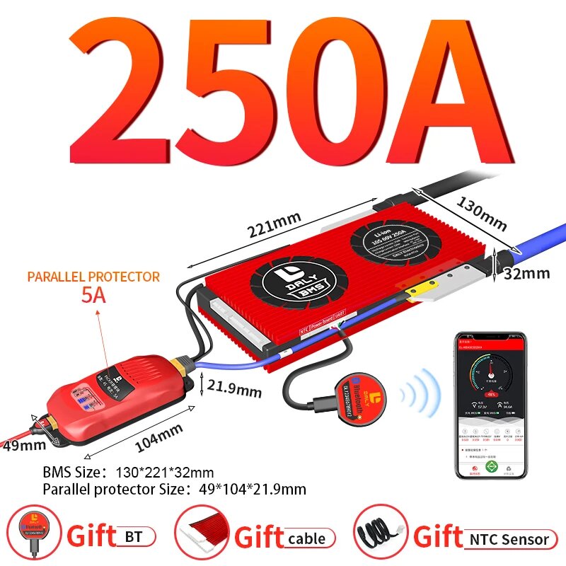 LiFePO4 BMS 250A 16S 60V BT, 5A Parallel