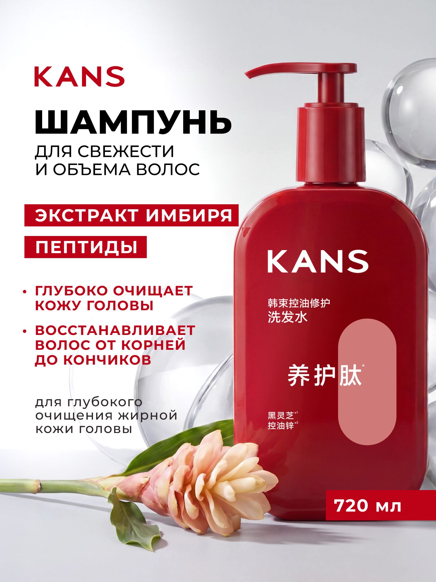 KANS Шампунь с женьшенем и имбирём – восстановление и рост для жирных волос, 720г