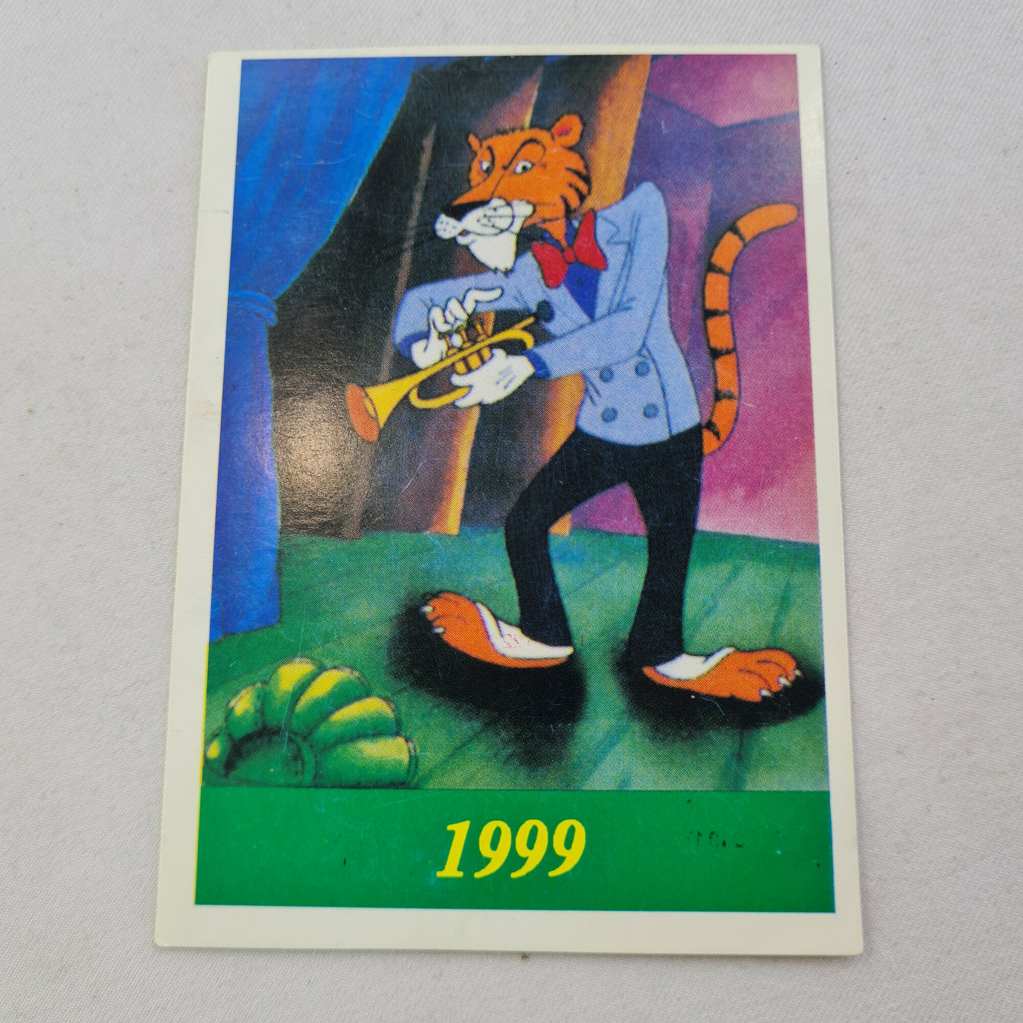 Карманный календарик 1999. Тигр с трубой, мультфильм. Календарь винтажный 3 й филиал Воениздата