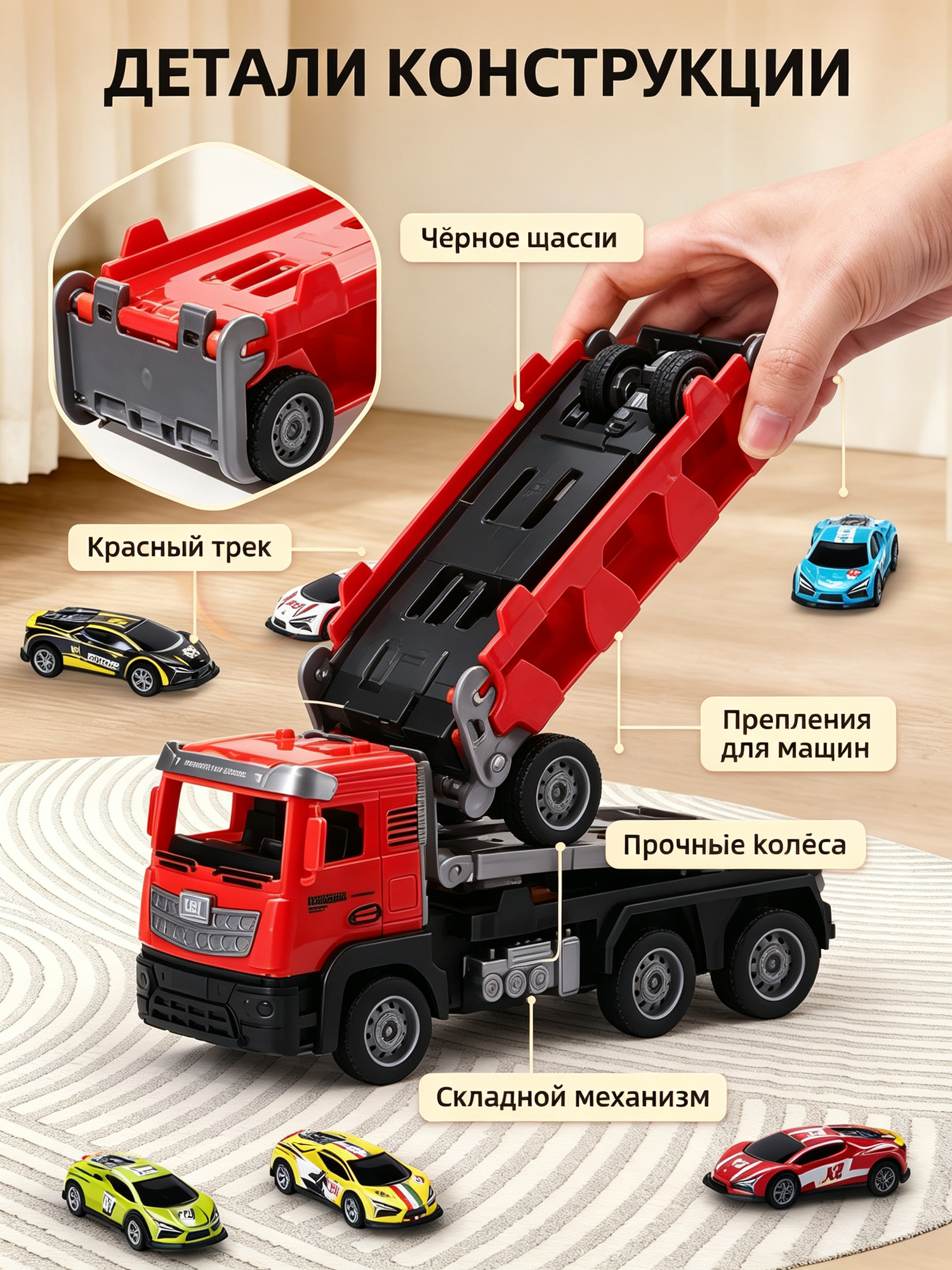 Автовоз с машинками и гоночной трассой, в наборе 2 маленьких автомобилей, трасса с катапультой, подарок для мальчика