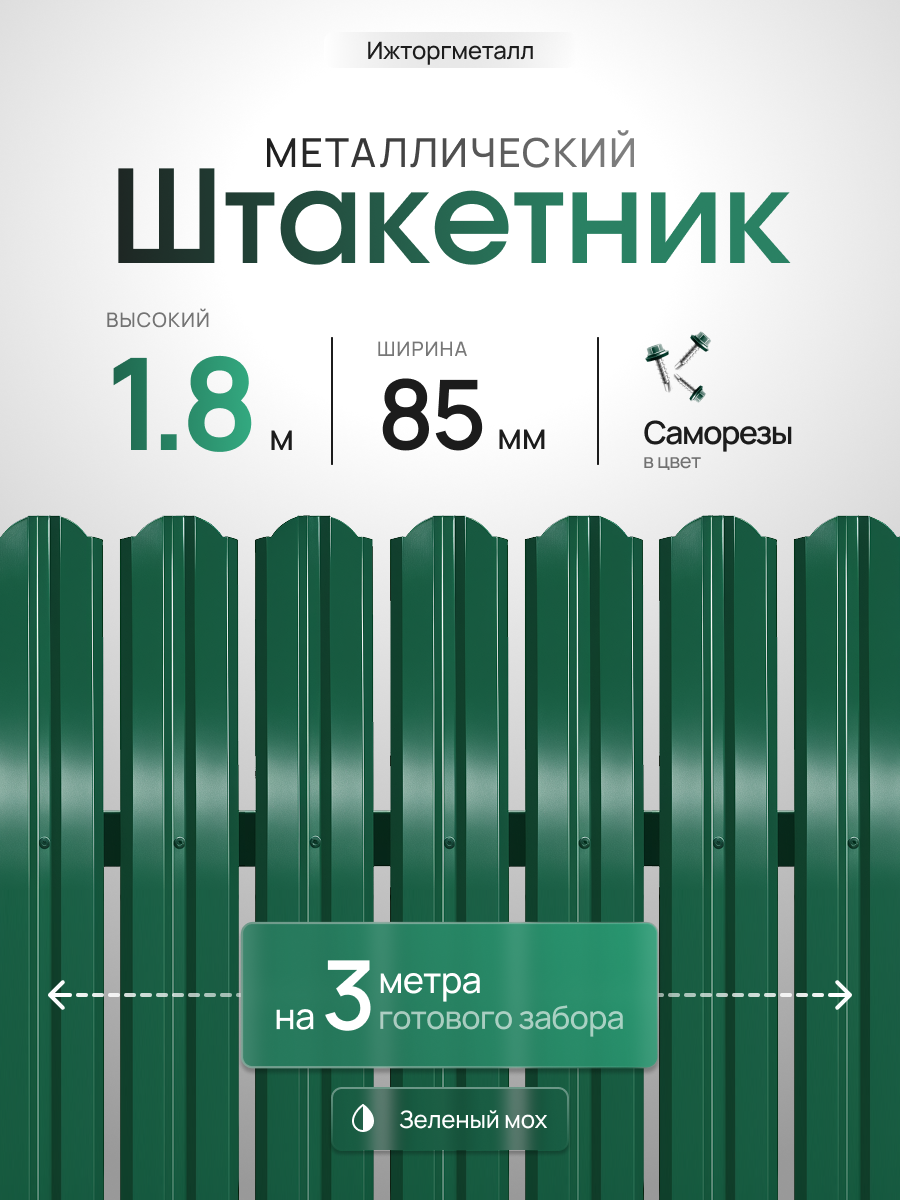 Штакетник забор металлический, 180 см, 85 мм, 25 шт, (зеленый мох), для дачи и огорода