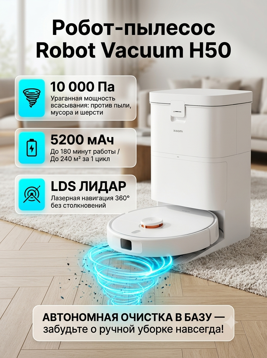 Робот-пылесос Xiaomi Robot Vacuum H50, со станцией самоочистки, сухая и влажная уборка, белый (BHR08GUEU)