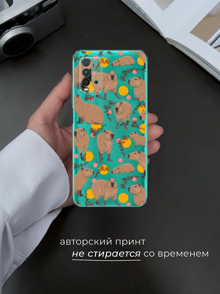 Чехол на Xiaomi Redmi 9T / Сяоми Редми 9Т с принтом "Капибара паттерн", прозрачный — фото 1
