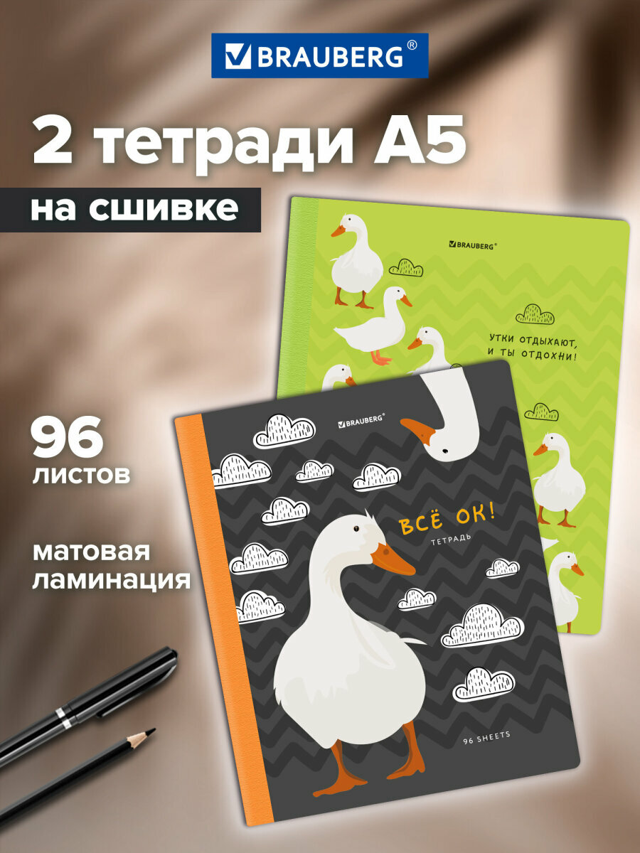 Тетрадь в клетку 96 листов А5 общая для записей на сшивке с корешком в школу и офис, набор 2 штуки, Brauberg, 405310