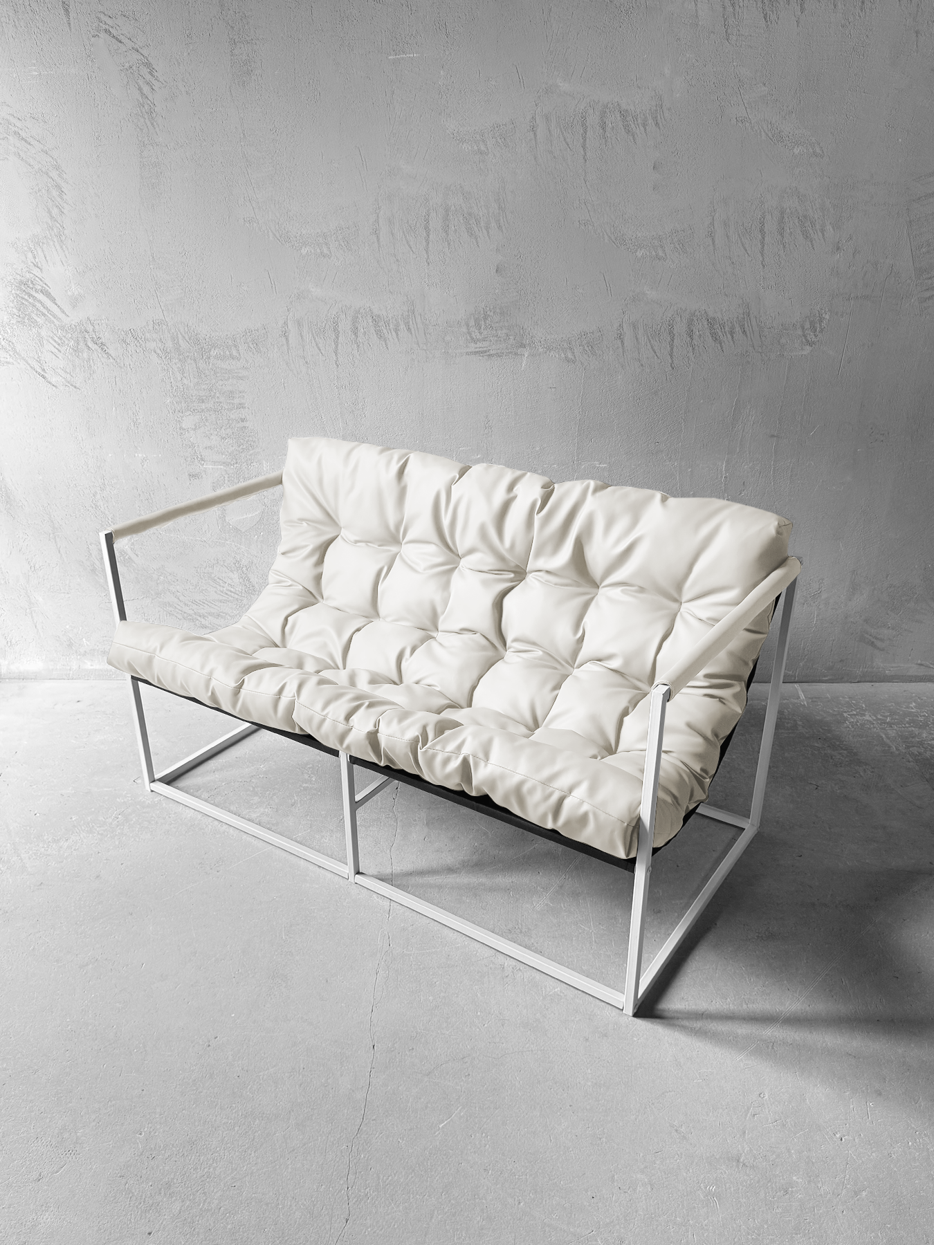 Диван лофт прямой, уличный, в офис, на балкон, на веранду, в гостинную, кухонный, Лофтовик ++ кожзам белый, белый каркас, подлокотник мягкий кожзам