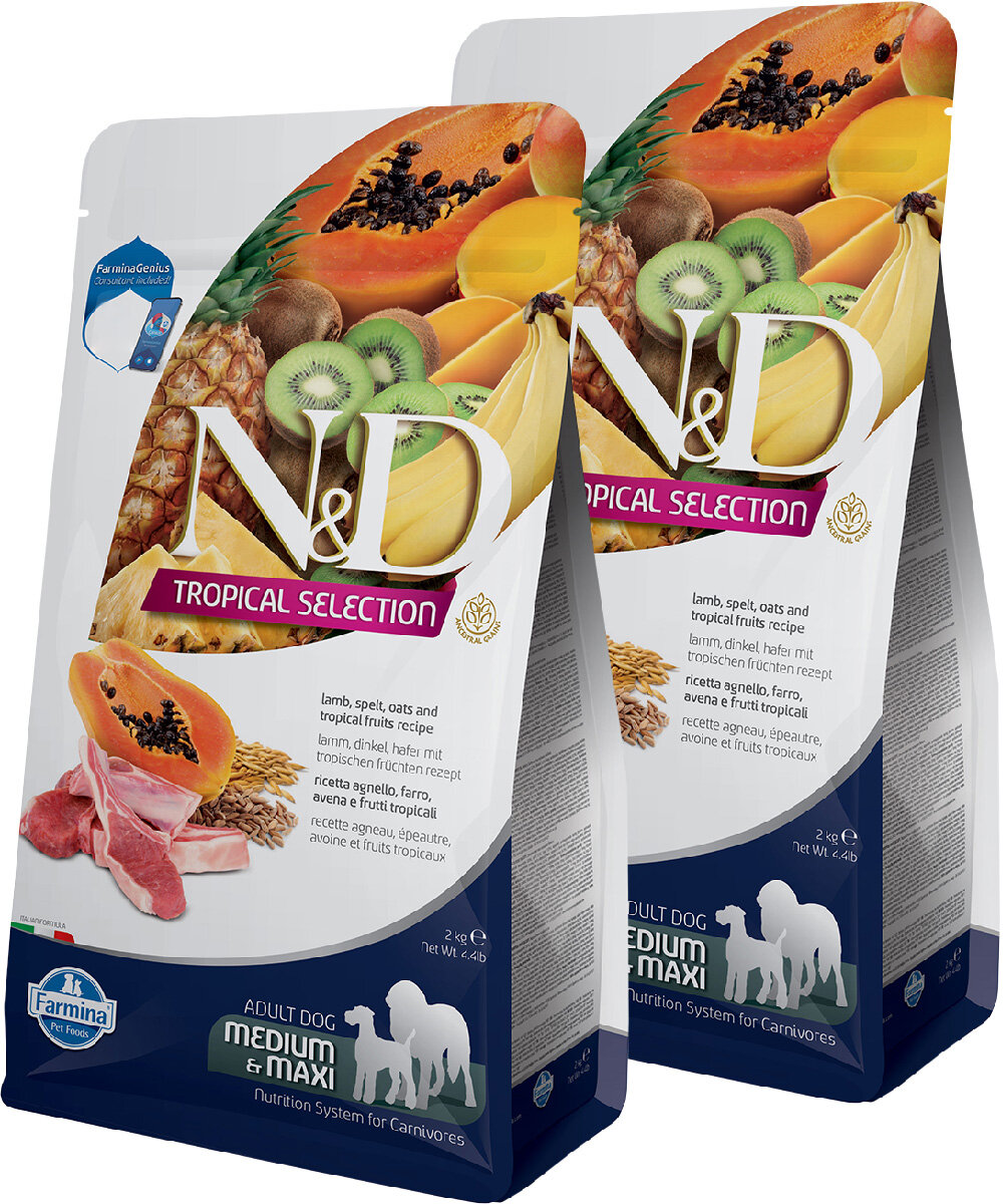Корм сухой Farmina Dog N&D Tropical Selection Adult Medium & Maxi Lamb низкозерновой для взрослых собак средних и крупных пород, ягненок, спельта, овес и тропические фрукты, 2 + 2 кг