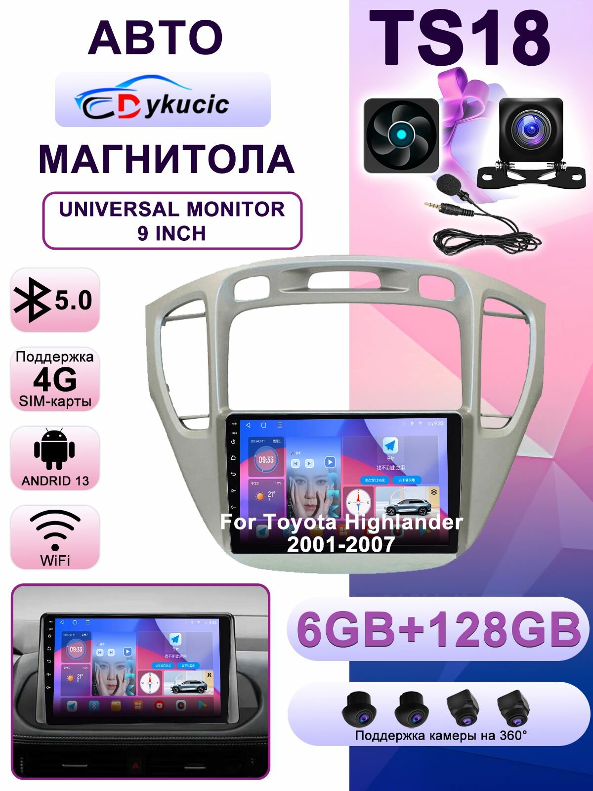 Магнитола для Toyota Highlander 2001-2007,8 ядерный процессор, Carplay, автозвук DSP, Wifi, 4G