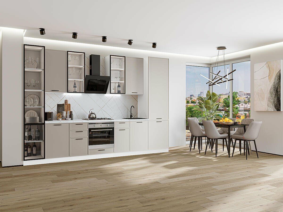 Кухонный гарнитур прямой 3,4 м. со столешницей, полки ЛДСП, Фрейм-06 2340*3400*600 Clay Silk