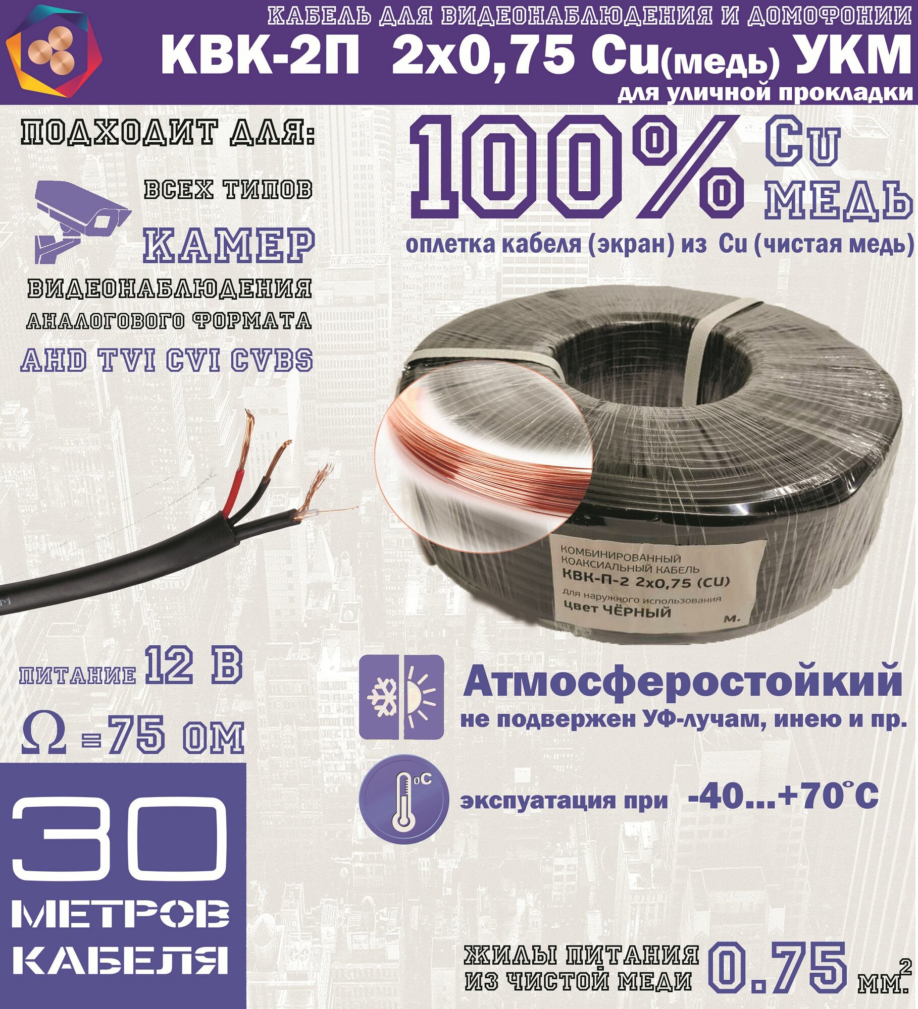 Кабель для видеонаблюдения черный КВК-2П 2Х0,75Cu 100% медь для уличной прокладки (бухта 30м) в комплекте с разъемами BNC и питания