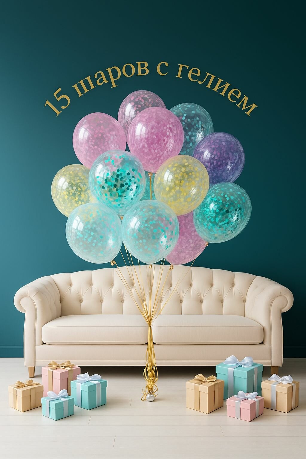 Воздушные гелиевые шары под потолок, надутые в фонтан из прозрачных латексных шаров с конфетти, 15 шт