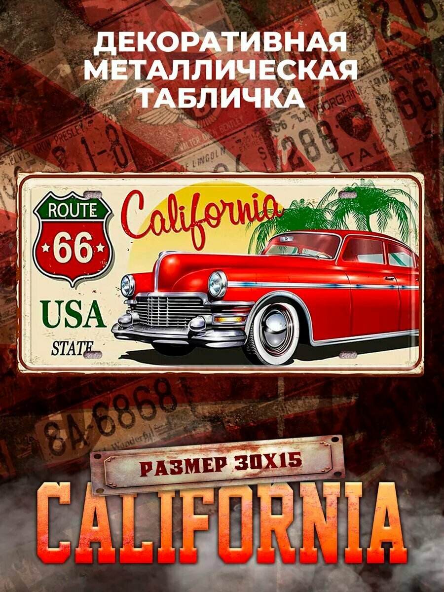 Декоративная металлическая табличка на стену California винтаж 15х30 см