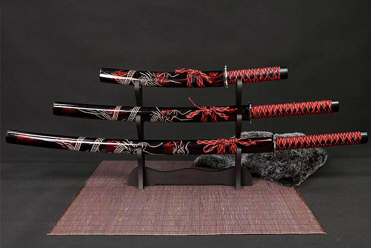 Сувенирное изделие катаны 3в1 на подставке, ножны бамбук, черный/красный дракон, 47/70/89см