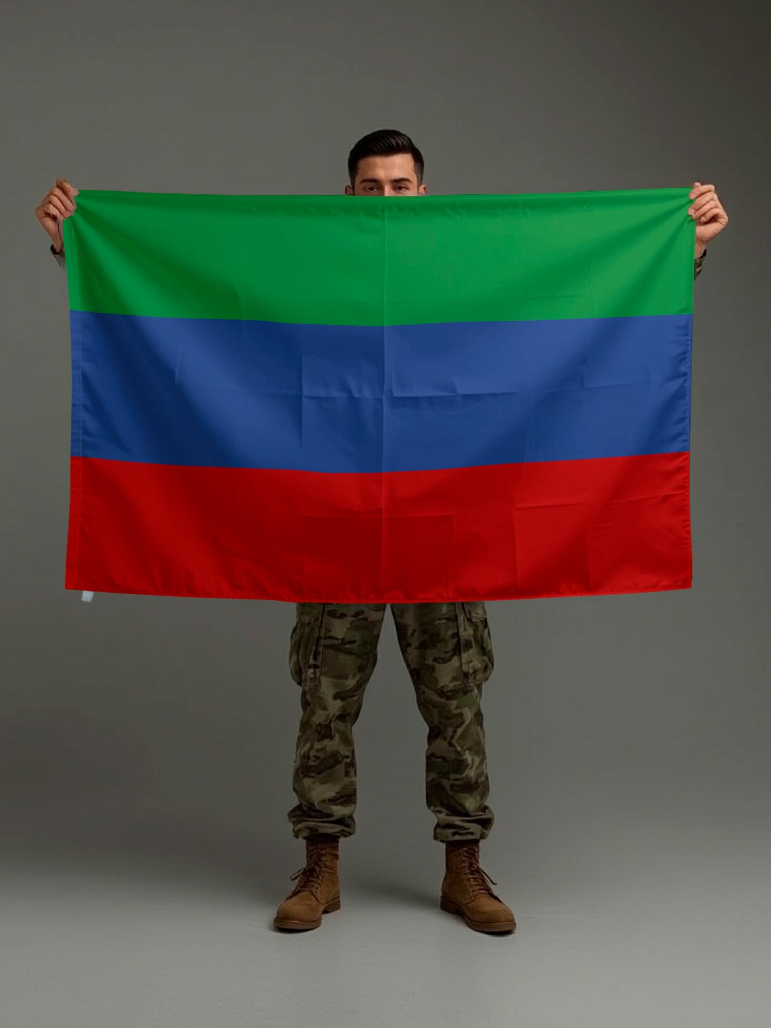 Флаг Дагестана двусторонний большой на флажной сетке, 150х225 см, 2 петли с карманом