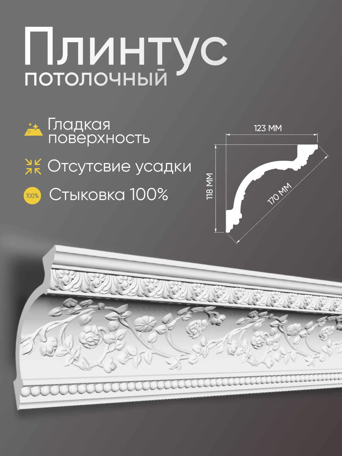 Плинтус потолочный GP48- 3 шт 2 метра, белый, полистирол GLANZEPOL