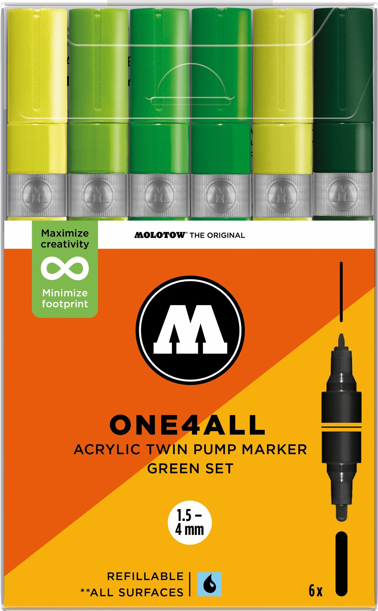 Набор двусторонних акриловых маркеров Molotow One4all Acrylic Twin Green Set 6 штук 200856