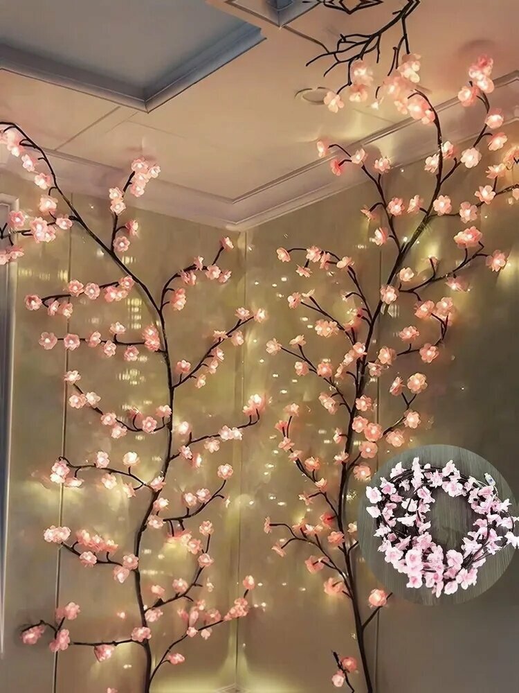 Светодиодные гирлянды в виде веток вишни, рождественские украшения для комнат, USB + пульт дистанционного управления, длина 160 см, 48 лампочек