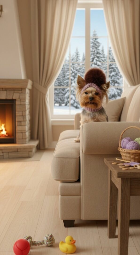 Шапочка для собаки "Шапочка-Труба", для мелких пород, вязаная, украшена помпоном из натурального меха